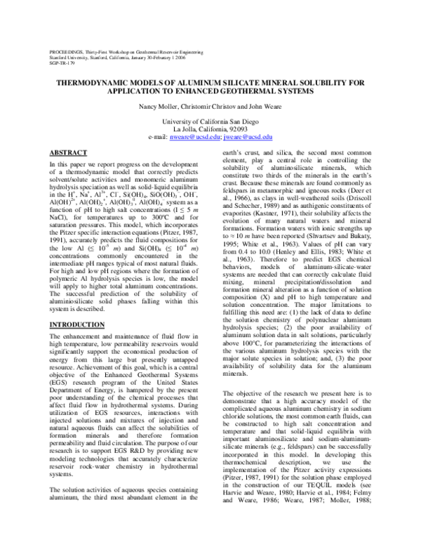 (PDF) THERMODYNAMIC MODELS OF ALUMINUM SILICATE MINERAL SOLUBILITY FOR APPLICATION TO ENHANCED ...