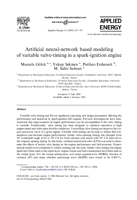 Pdf Artificial Neural Network Based Modeling Of Variable Valve Timing In A Spark Ignition