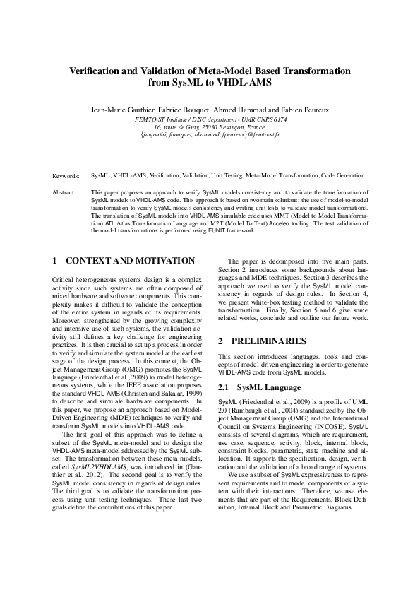 Pdf Verification And Validation Of Meta Model Based Transformation