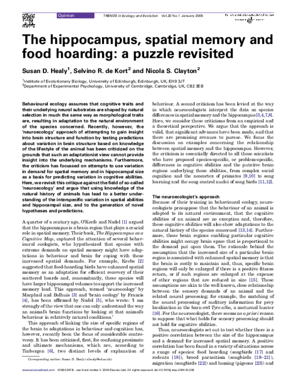 (PDF) The hippocampus, spatial memory and food hoarding: a puzzle revisited