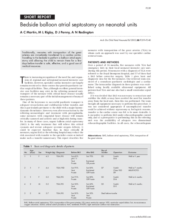 (PDF) Bedside balloon atrial septostomy on neonatal units