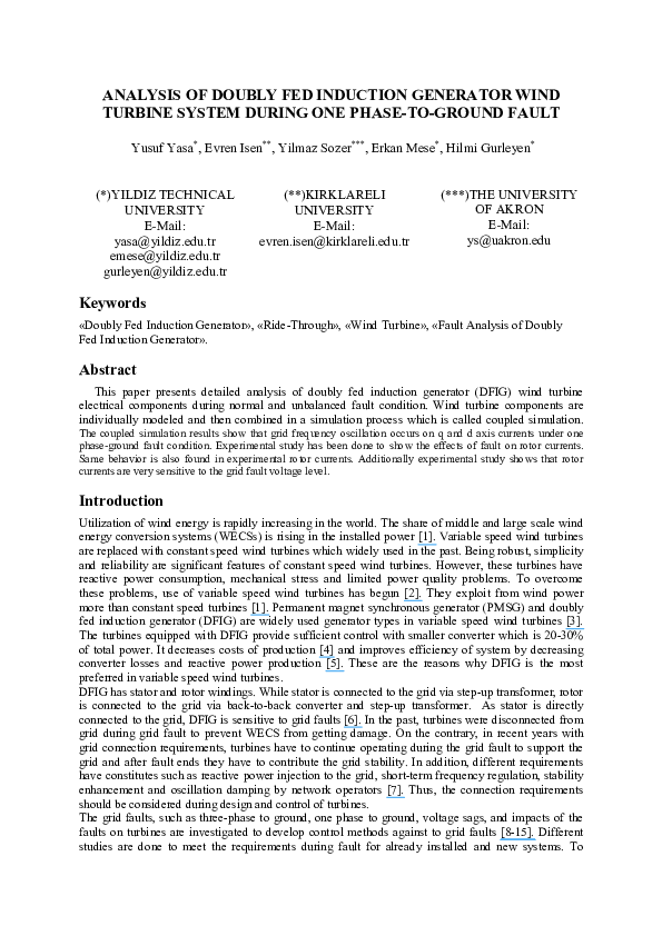 Pdf Analysis Of Doubly Fed Induction Generator Wind Turbine System During One Phase To Ground