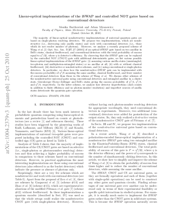 Pdf Linear Optical Implementations Of The Iswap And Controlled Not Gates Based On Conventional 