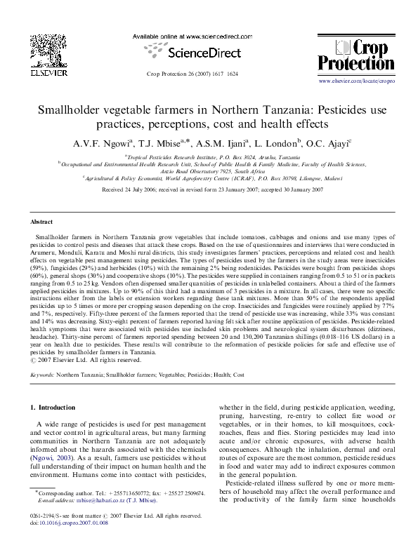 (PDF) Smallholder vegetable farmers in Northern Tanzania: Pesticides use practices, perceptions ...
