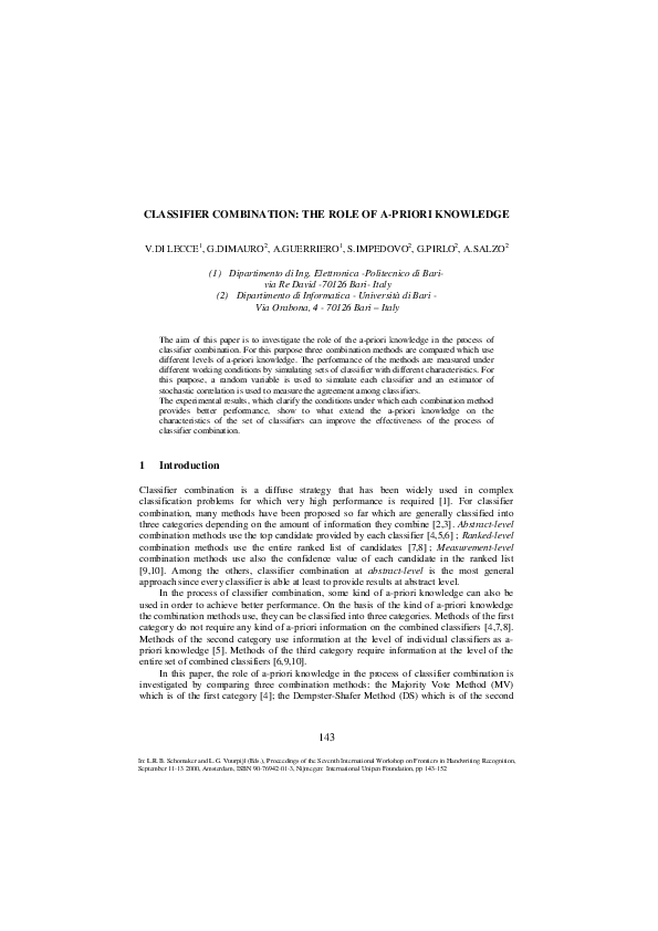 Pdf Classifier Combination The Role Of A Priori Knowledge Giovanni