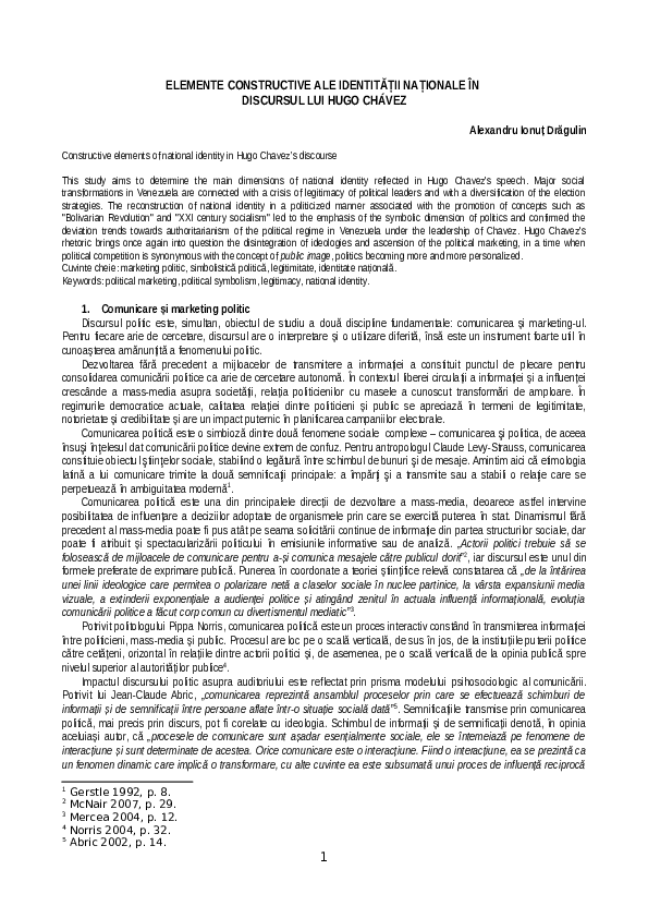 (DOC) ELEMENTE CONSTRUCTIVE ALE IDENTITĂȚII NAȚIONALE ÎN DISCURSUL LUI HUGO CHÁVEZ