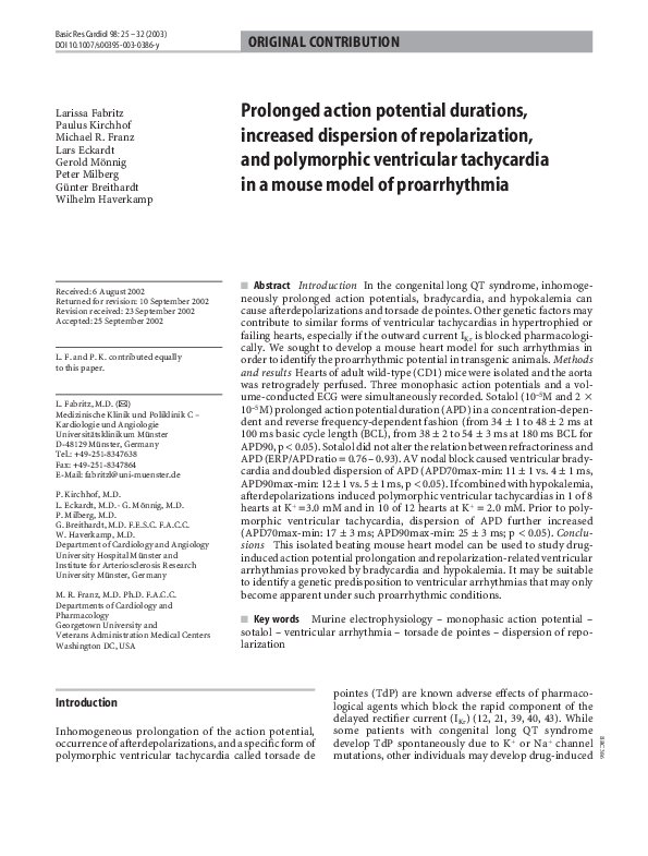 (PDF) Prolonged action potential durations, increased dispersion of ...