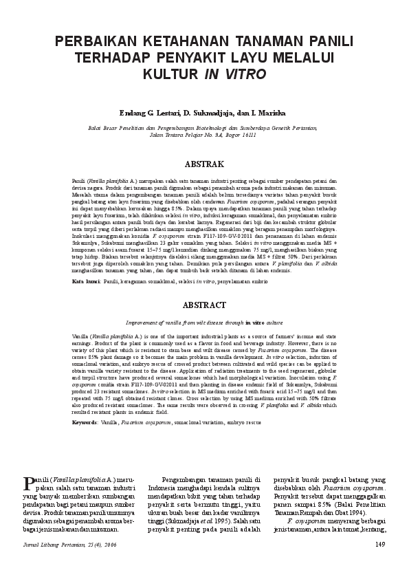 (PDF) PERBAIKAN KETAHANAN TANAMAN PANILI TERHADAP PENYAKIT LAYU MELALUI KULTUR IN VITRO | Ika ...