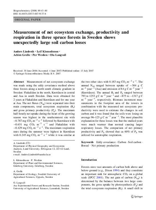 (PDF) Measurement of net ecosystem exchange, productivity and respiration in three spruce ...