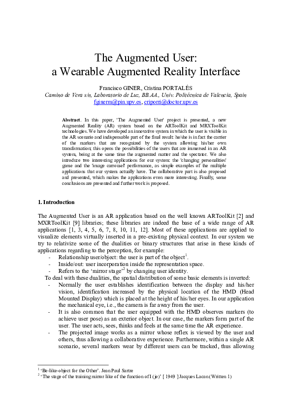 Pdf The Augmented User A Wearable Augmented Reality Interface