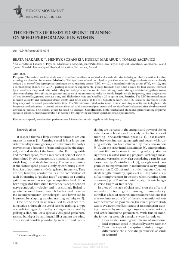 (PDF) The Effects of Resisted Sprint Training on Speed Performance in Women