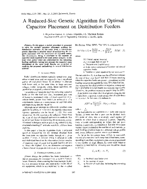 Pdf A Reduced Size Genetic Algorithm For Optimal Capacitor Placement On Distribution Feeders