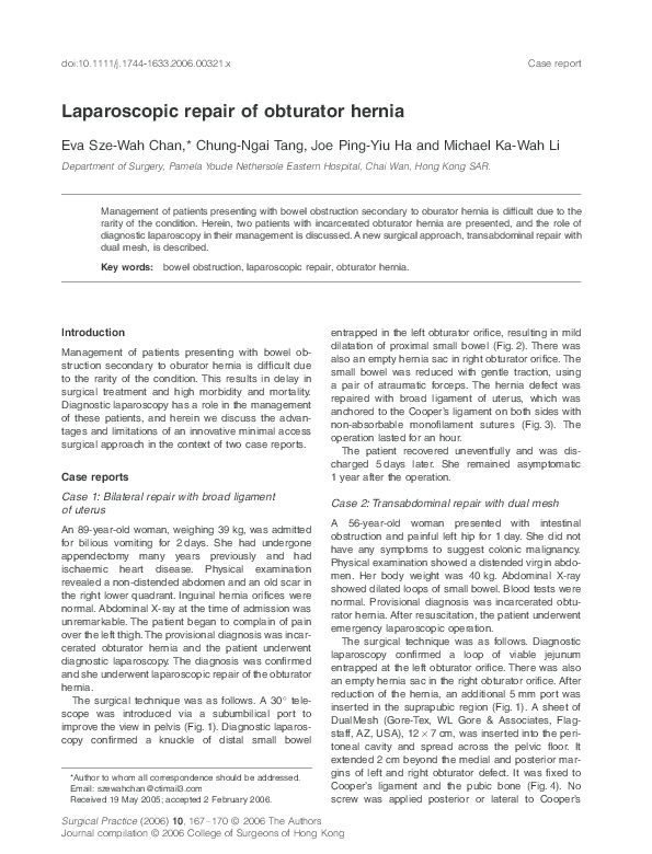 (PDF) Laparoscopic repair of obturator hernia | Michael Li - Academia.edu