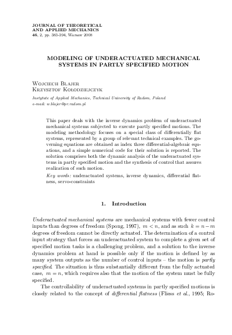 (PDF) Modeling of underactuated mechanical systems in partly specified motion