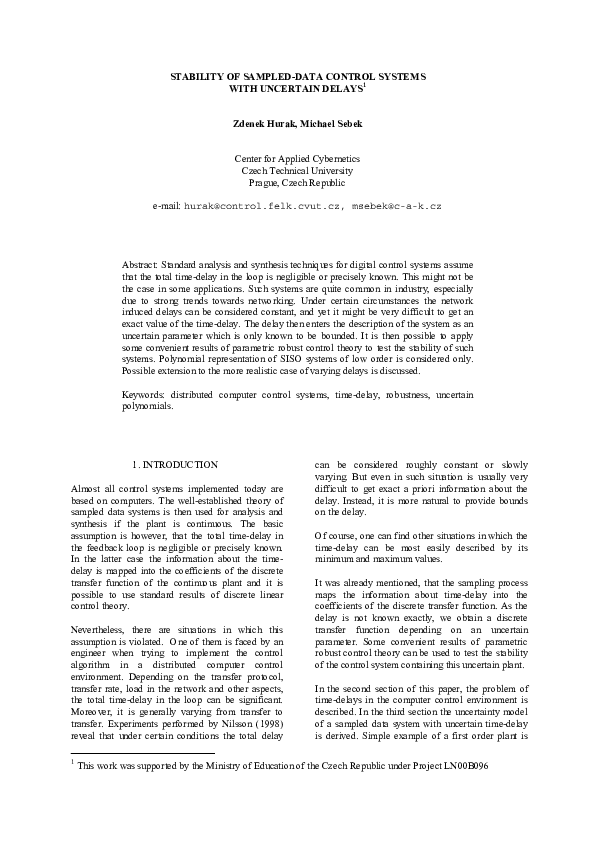 (PDF) STABILITY OF SAMPLED-DATA CONTROL SYSTEMS WITH UNCERTAIN DELAYS