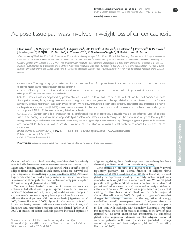 (PDF) Adipose tissue pathways involved in weight loss of cancer cachexia