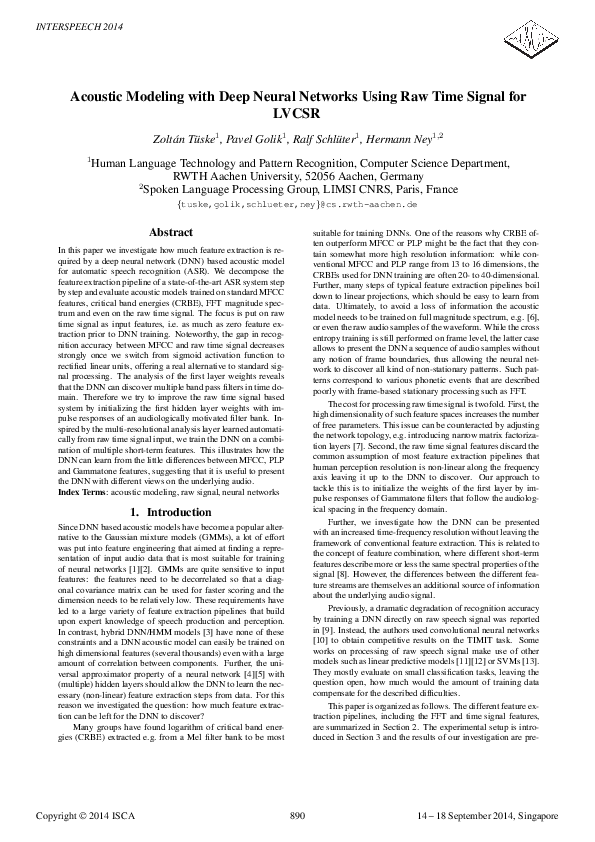(PDF) Acoustic Modeling with Deep Neural Networks Using Raw Time Signal for LVCSR