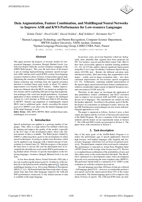 (PDF) Data Augmentation, Feature Combination, and Multilingual Neural Networks to Improve ASR ...