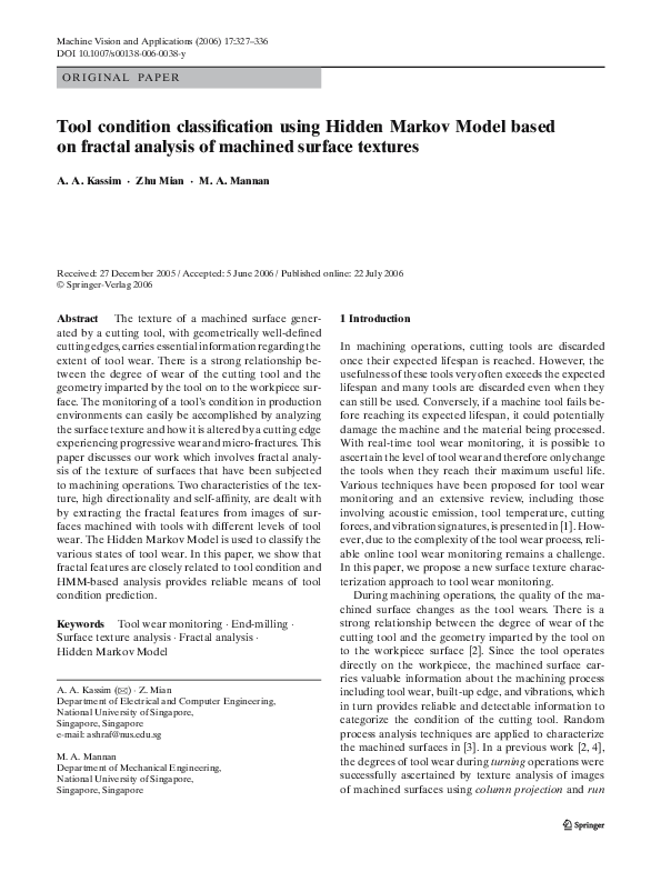 (PDF) Tool condition classification using Hidden Markov Model based on fractal analysis of ...