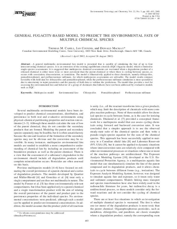 (PDF) GENERAL FUGACITY-BASED MODEL TO PREDICT THE ENVIRONMENTAL FATE OF ...