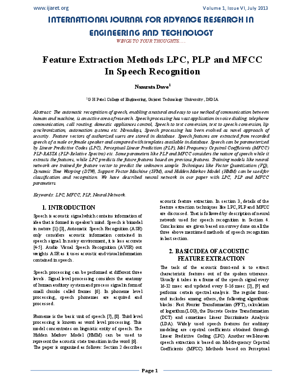 (PDF) Feature Extraction Methods LPC PLP and MFCC (PDF) Feature Extraction Methods LPC PLP and MFCC