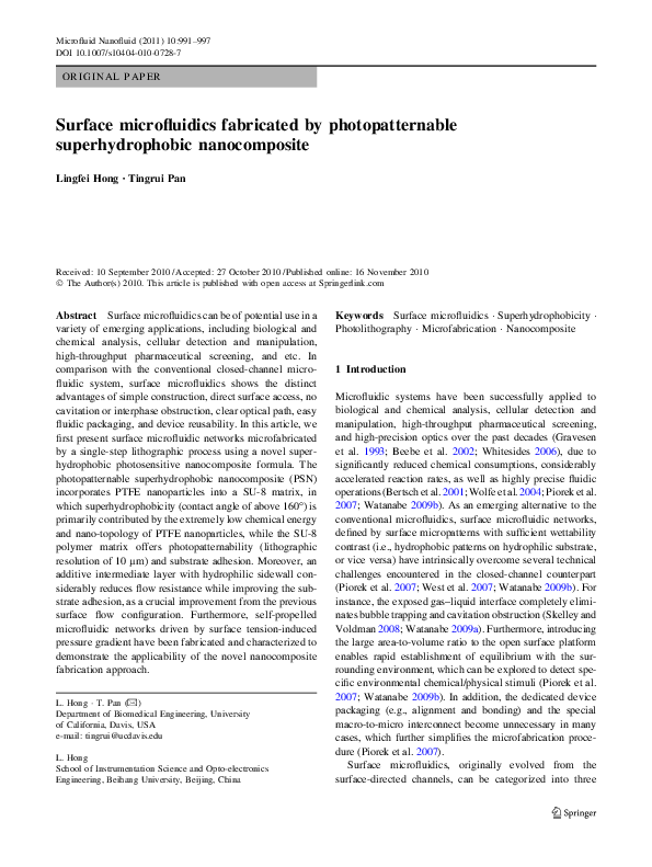 (PDF) Surface microfluidics fabricated by photopatternable superhydrophobic nanocomposite