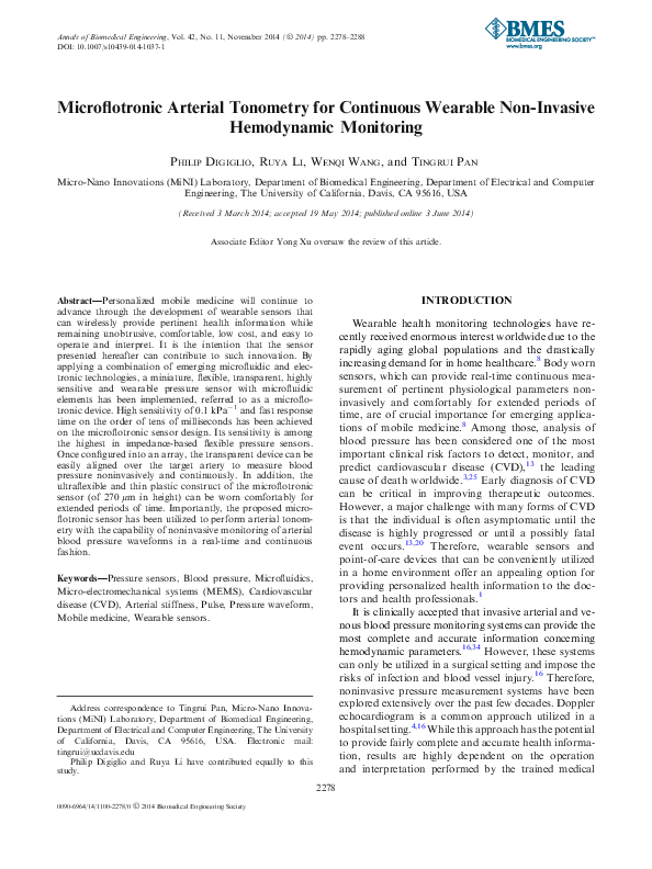 (PDF) Microflotronic Arterial Tonometry for Continuous Wearable Non ...