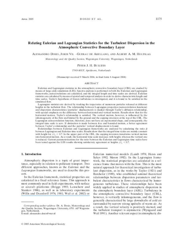 Pdf Relating Eulerian And Lagrangian Statistics For The Turbulent Dispersion In The