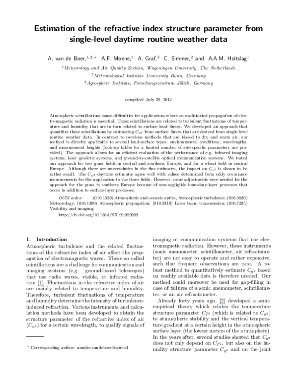 Pdf Estimation Of The Refractive Index Structure Parameter From