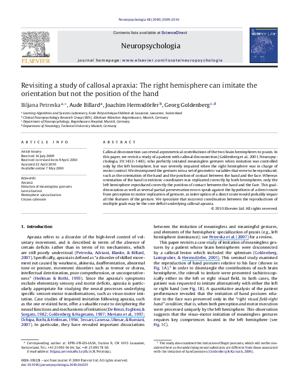 (PDF) Revisiting a study of callosal apraxia: The right hemisphere can ...