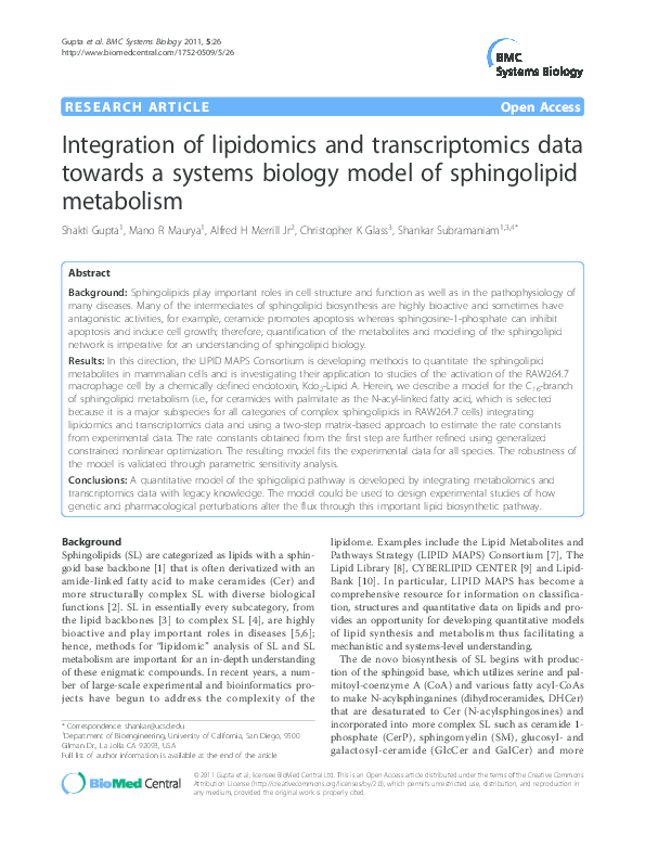 Pdf Integration Of Lipidomics And Transcriptomics Data Towards A