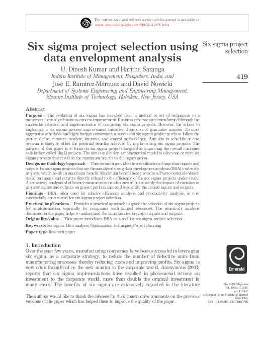 Pdf Six Sigma Project Selection Using Data Envelopment Analysis