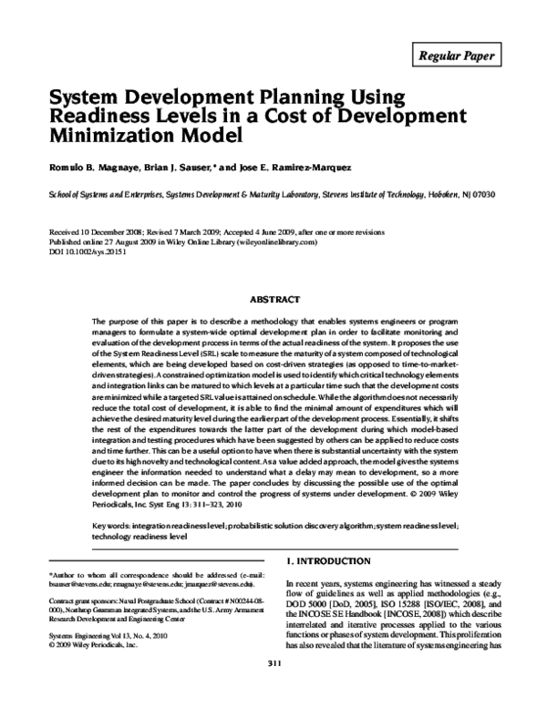 (PDF) System development planning using readiness levels in a cost of ...