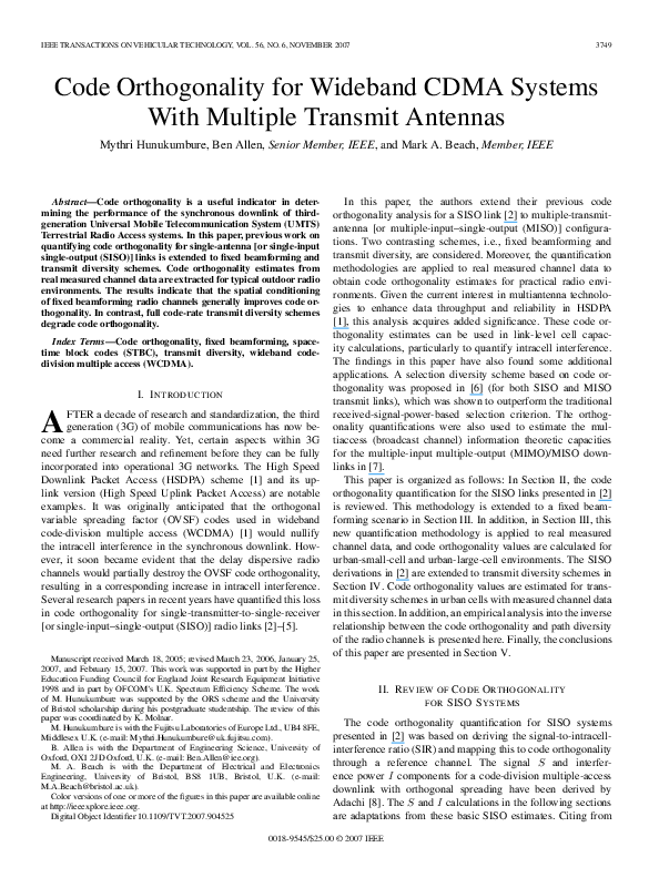 (PDF) Code Orthogonality for Wideband CDMA Systems With Multiple Transmit Antennas