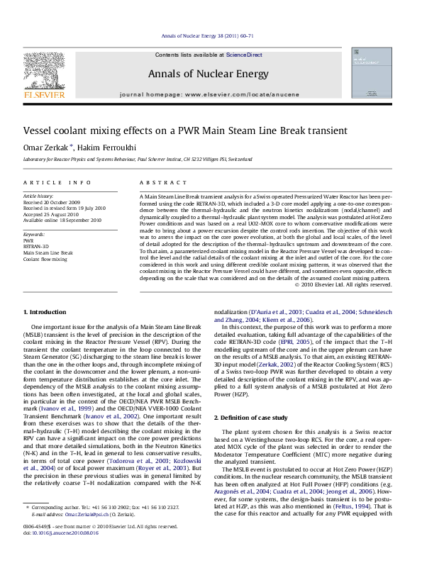 (PDF) Vessel coolant mixing effects on a PWR Main Steam Line Break ...