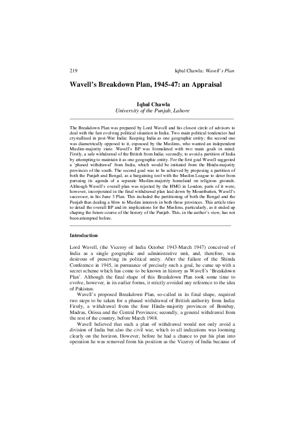 (PDF) Wavell's Breakdown plan 1945-47