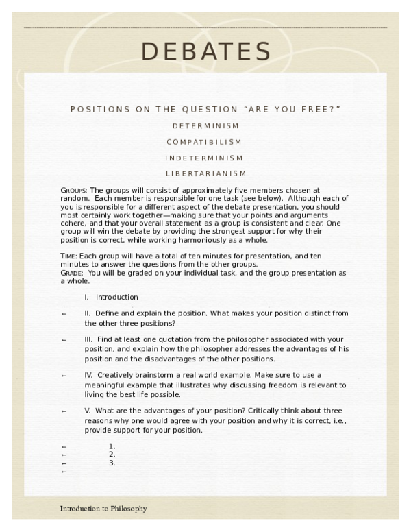 (DOC) Debate on Freedom - Activity for Introduction to Philosophy