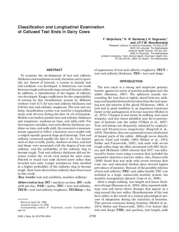 (PDF) Classification and Longitudinal Examination of Callused Teat Ends in Dairy Cows