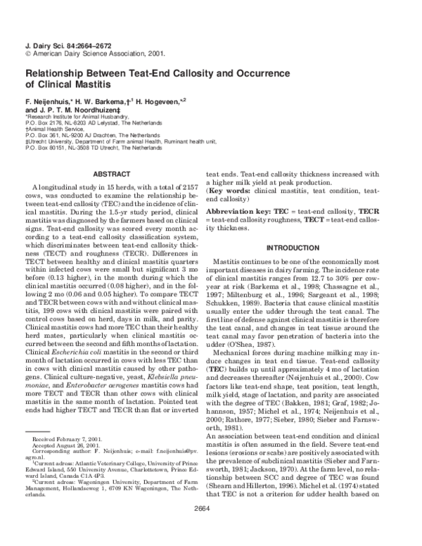 (PDF) Relationship Between Teat-End Callosity and Occurrence of ...