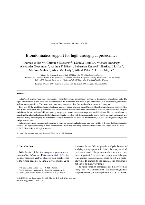 (PDF) Bioinformatics support for high-throughput proteomics | Alexander Goesmann - Academia.edu