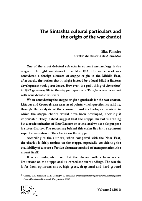 (PDF) The Sintashta cultural particulars and the origin of the war chariot