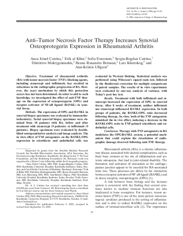(PDF) Anti–tumor necrosis factor therapy increases synovial osteoprotegerin expression in ...