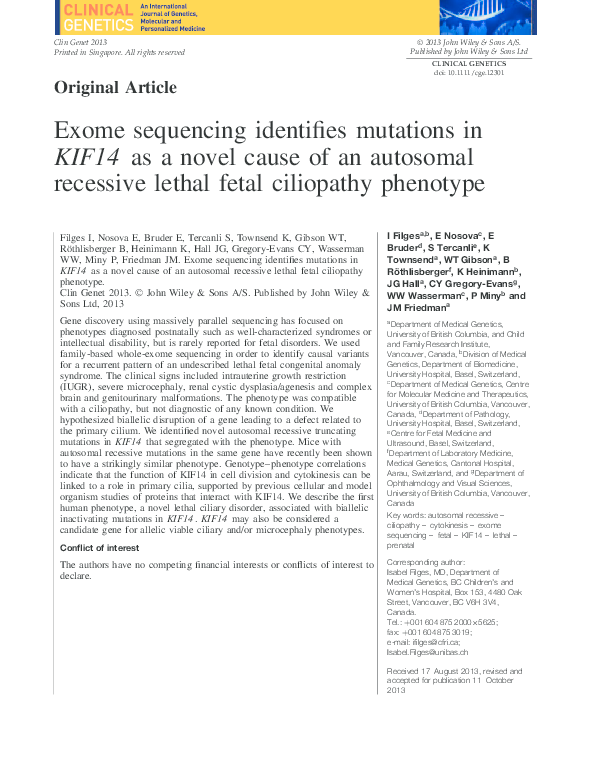 (PDF) Exome sequencing identifies mutations in KIF14 as a novel cause of an autosomal recessive ...