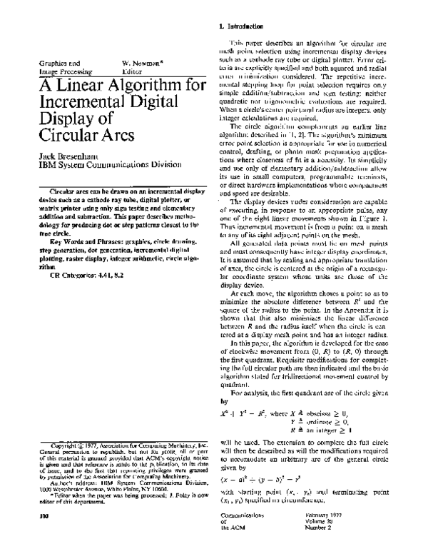 Pdf A Linear Algorithm For Incremental Digital Display Of Circular Arcs Acm