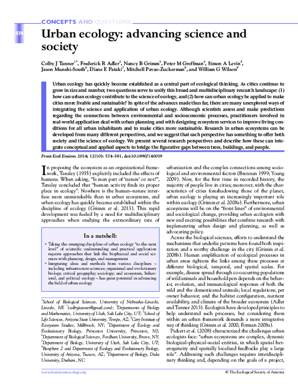 (PDF) Urban ecology: advancing science and society