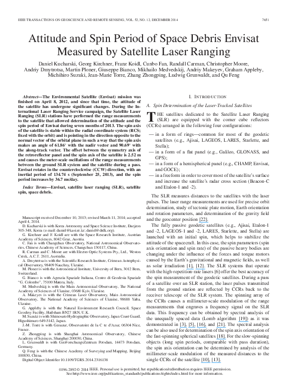 (PDF) Attitude and Spin Period of Space Debris Envisat Measured by ...