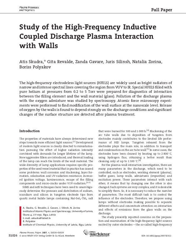 (PDF) Study of the High-Frequency Inductive Coupled Discharge Plasma Interaction with Walls