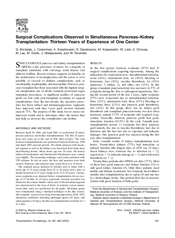 (PDF) Surgical complications observed in simultaneous pancreas-kidney transplantation: thirteen ...