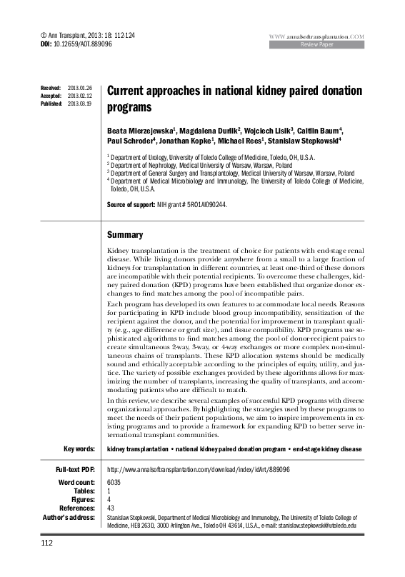 (PDF) Current approaches in national kidney paired donation programs
