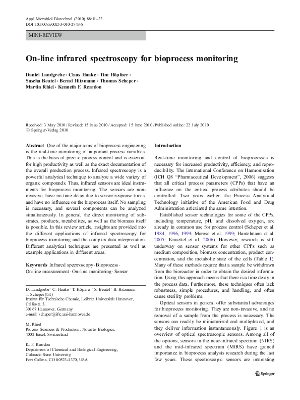 (PDF) On-line infrared spectroscopy for bioprocess monitoring